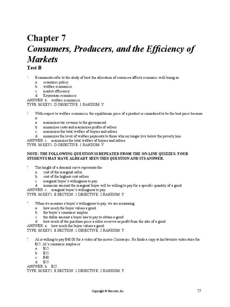 Consumers, Producers, and The Efficiency of Markets: Test B | PDF ...