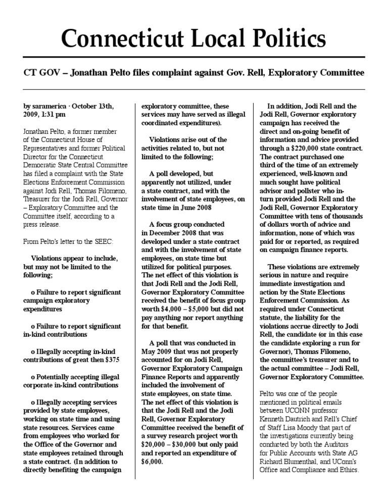 CT Local Politics 10-13-09 CT Gov-Jonathan Pelto Files Complaint ...