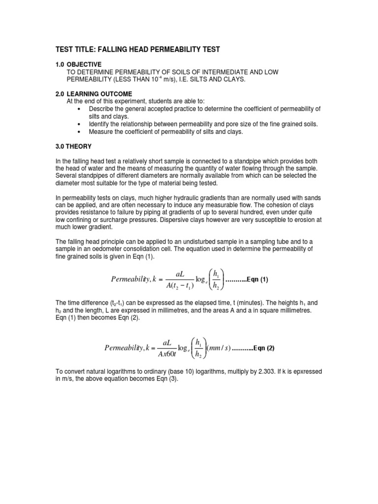 Falling Head Permeability Test | PDF | Porosity | Soil