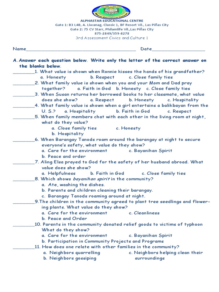 Civics and Culture Assessment 3 | PDF