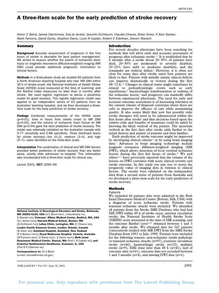 A Three-Item Scale For The Early Prediction of Stroke Recovery | PDF ...