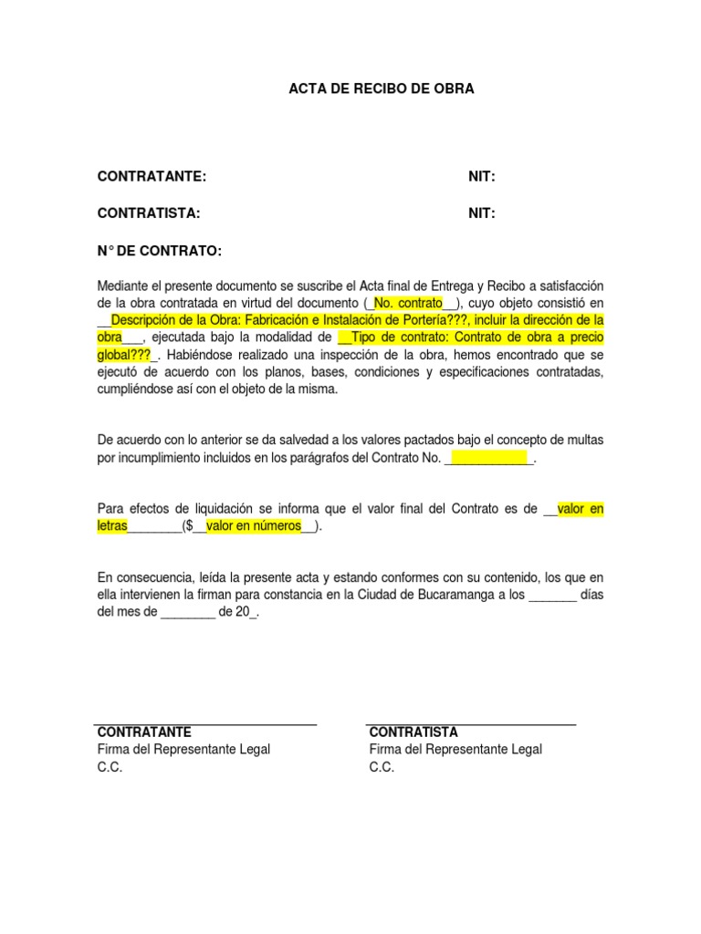 Acta de Recibo de Obra | PDF | Finanzas y dinero
