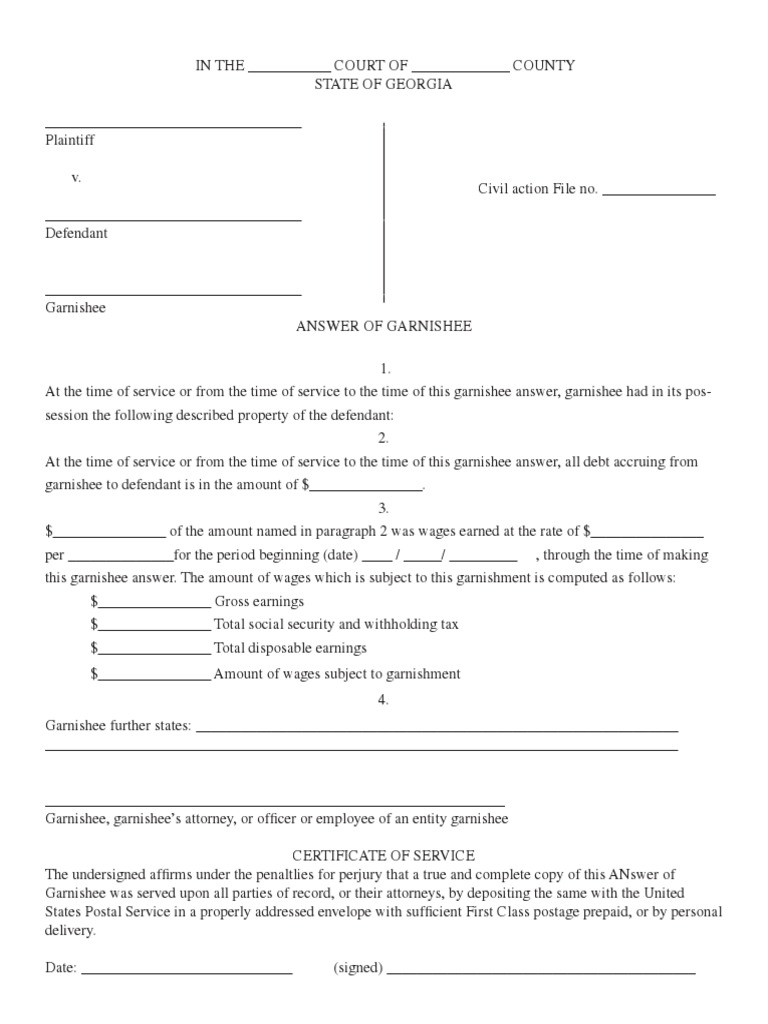 Georgia Answer of Garnishee O.C.G.A. 18-4-66 | PDF