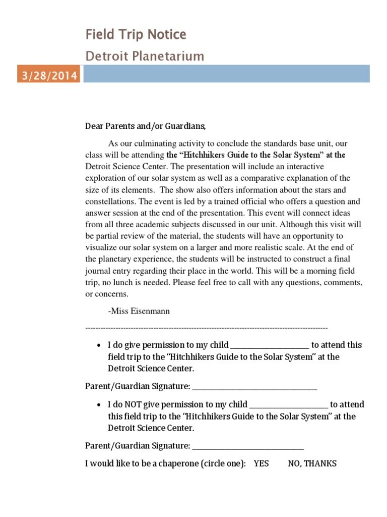 Detroit Planetarium Field Trip Notice | PDF | Teaching Methods & Materials