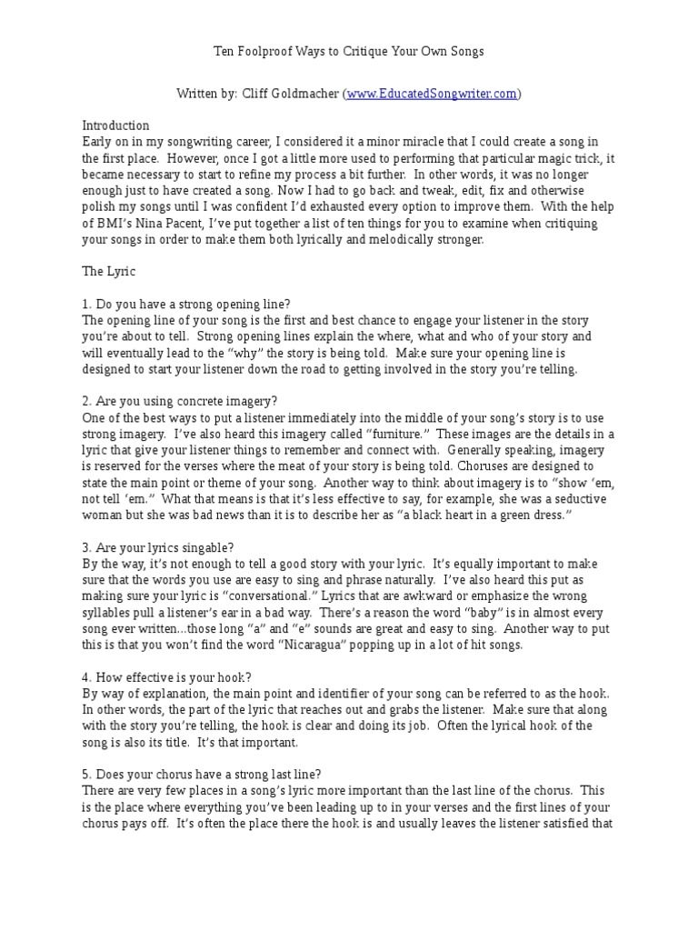 10 Foolproof Ways To Critique Your Own Song | PDF | Refrain ...