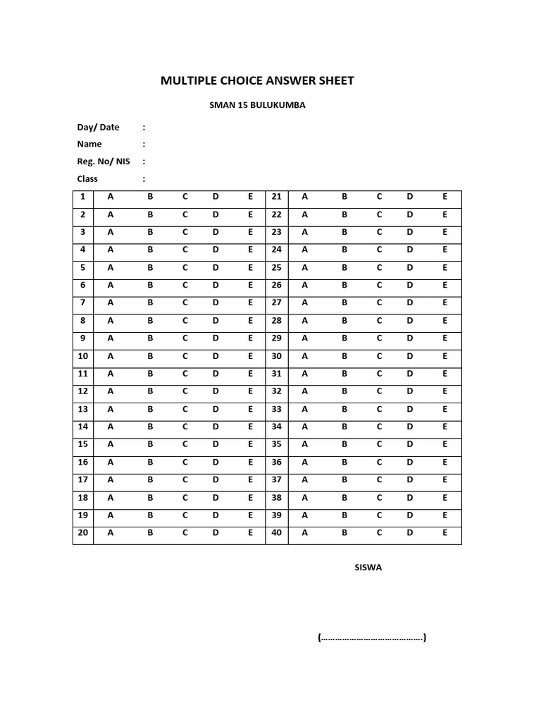 Multiple Choice Answer Sheet PDF