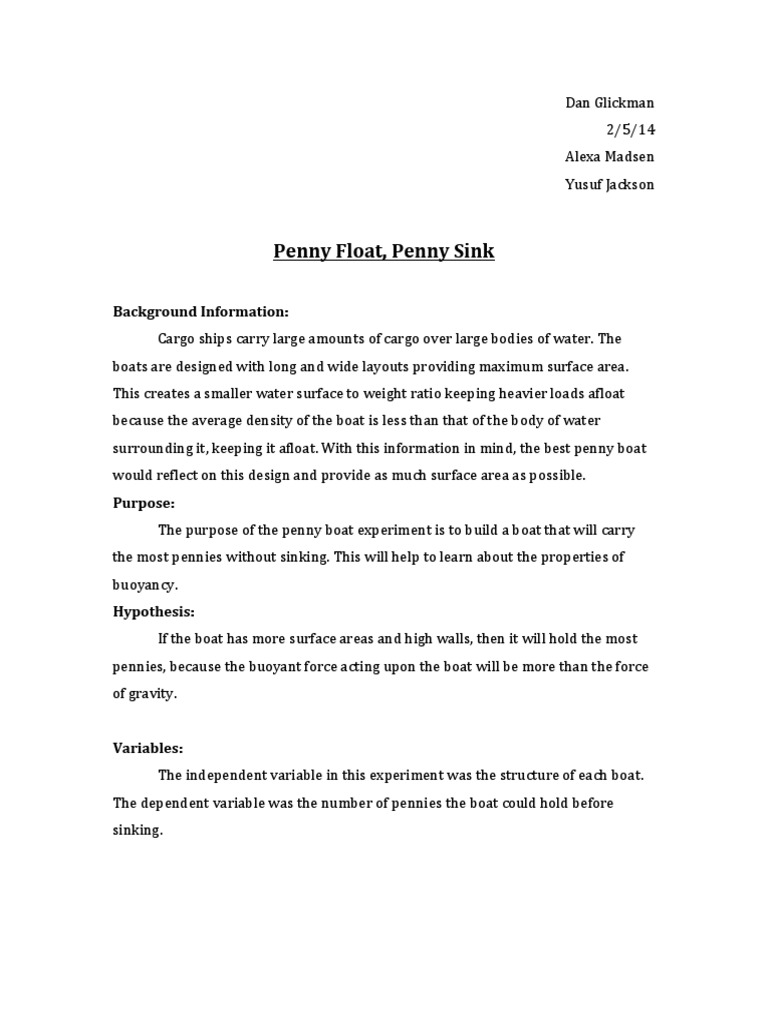 Penny Boat Lab Report | PDF | Buoyancy | Experiment