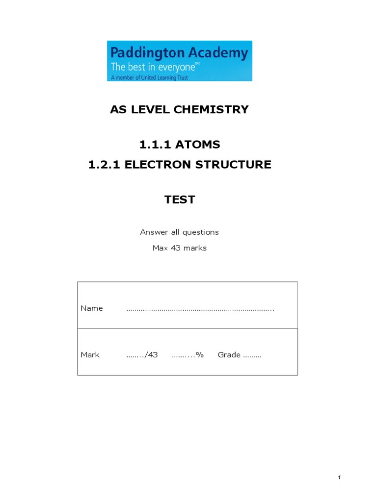 Atoms, Electron Structure and Periodicity Test | PDF