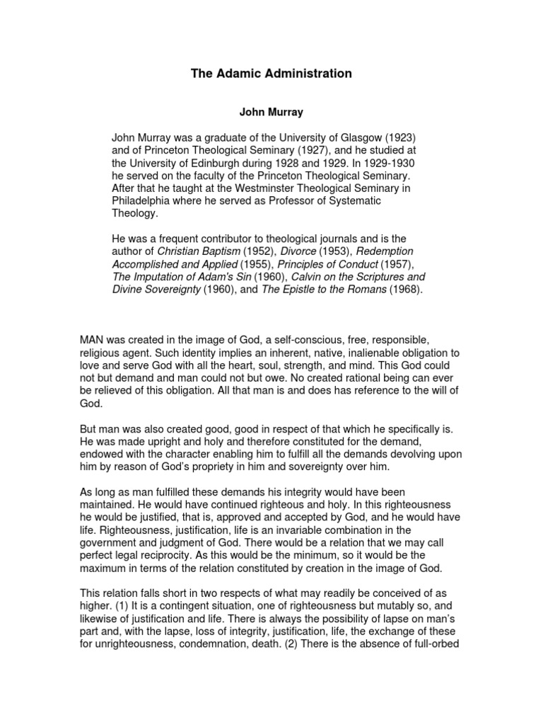 John Murray - Adamic Administration | PDF | Covenant Theology | Adam ...
