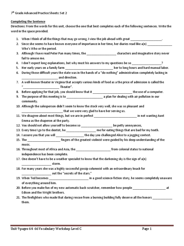 7 3 Vocabulary Advanced Practice Sheets | PDF
