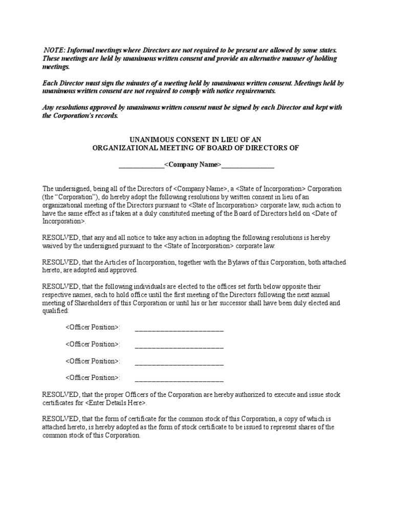 Unanimous Written Consent for Directors | PDF | Board Of Directors ...