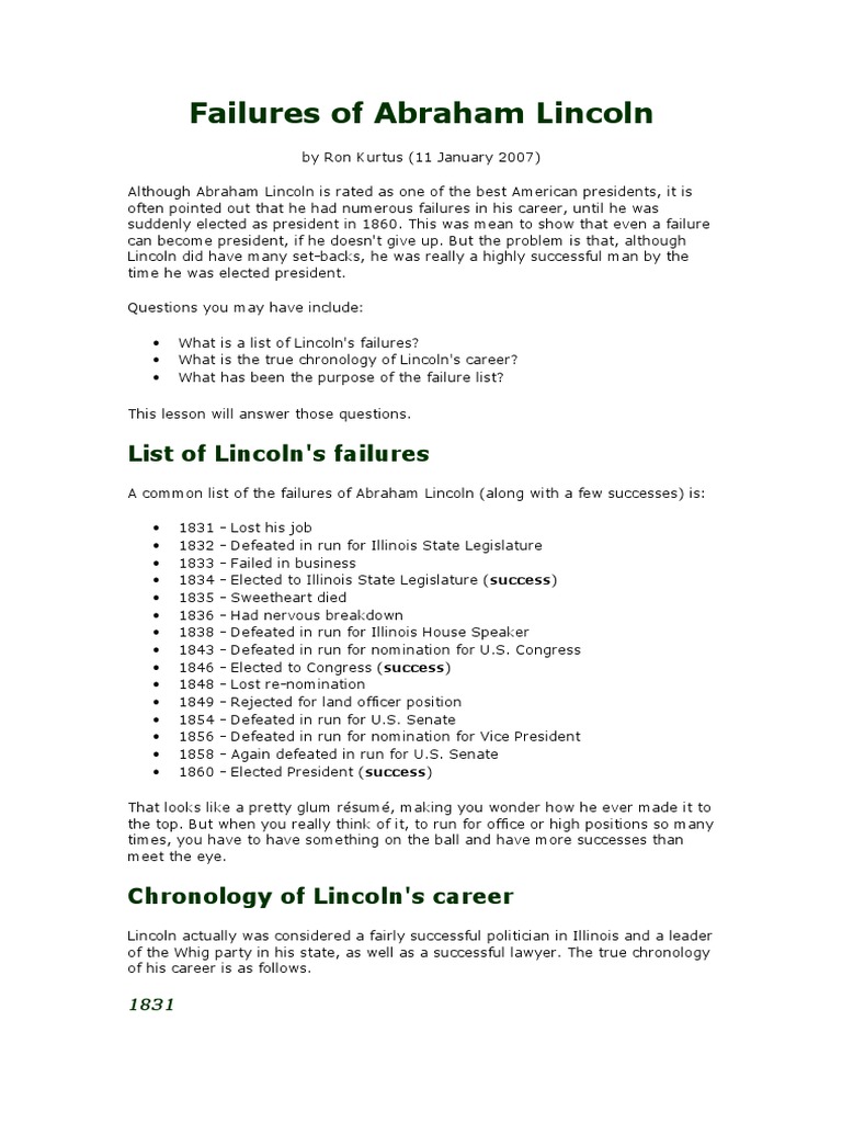 Abraham Lincoln List of Failures | Abraham Lincoln | The United States