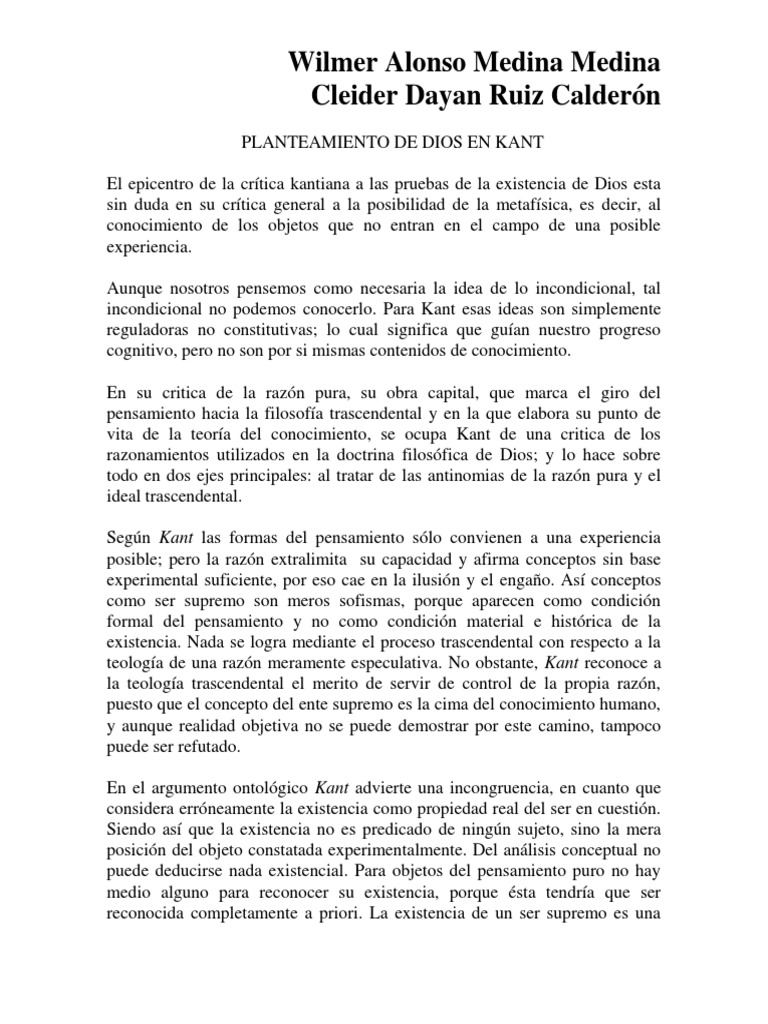 Planteamiento de Dios en Kant | PDF | Immanuel Kant | Existencia