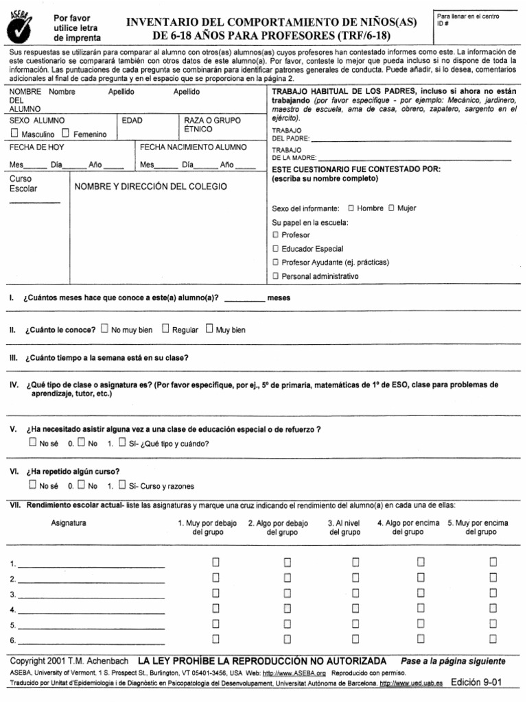 CBCL Test Profesores 6 A 18 Años