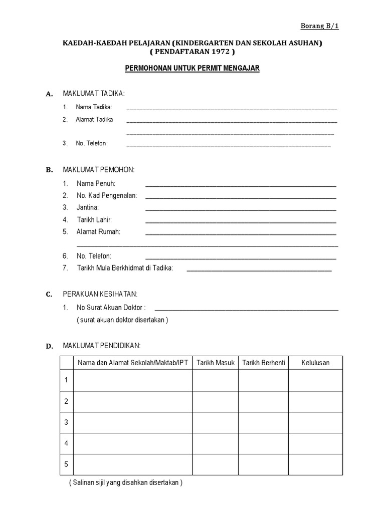 Borang Permohonan Permit Mengajar Tadika | PDF