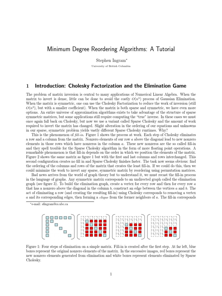 Minimum Degree Reordering Algorithms A Tutorial 1 Introduction Cholesky Factorization And The