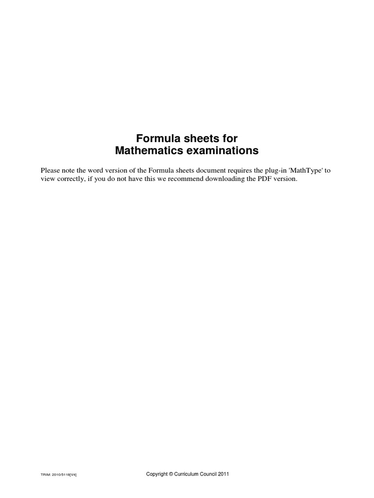 Mathematics Formula Sheets Master Copy 2011 | PDF | Triangle | Volume