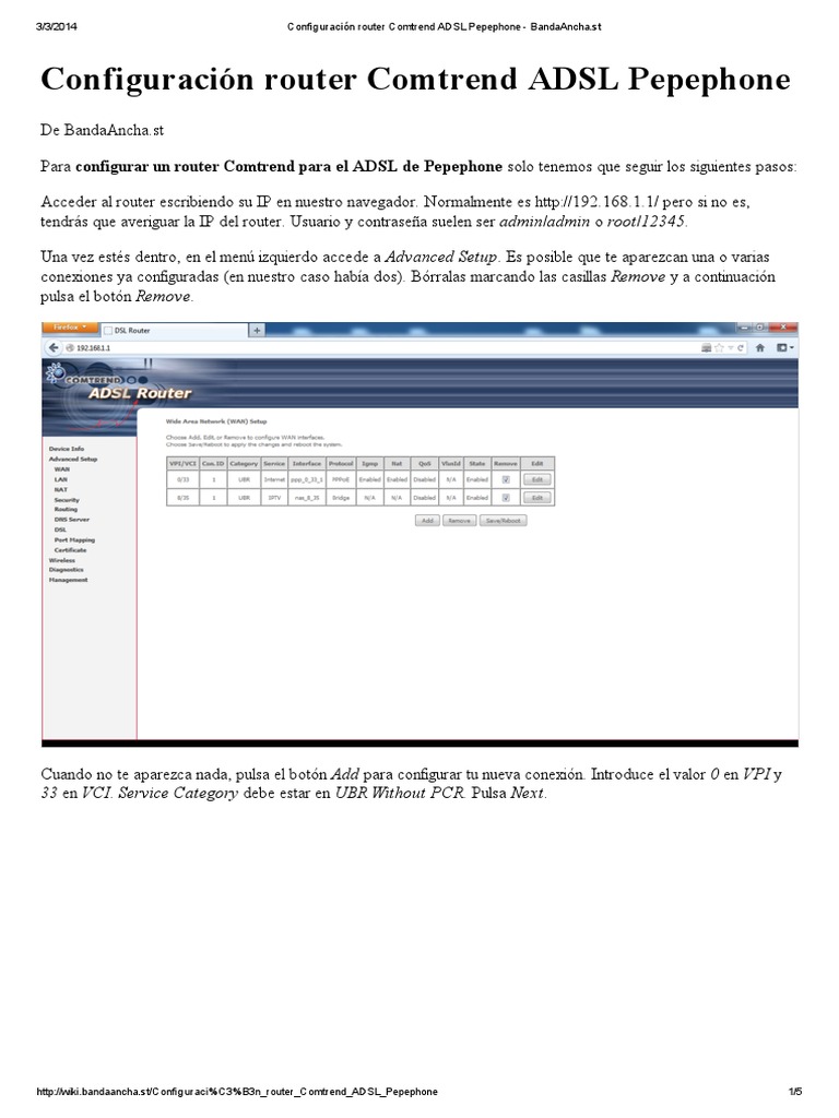 Configuración Router Comtrend ADSL Pepephone - BandaAncha | PDF ...