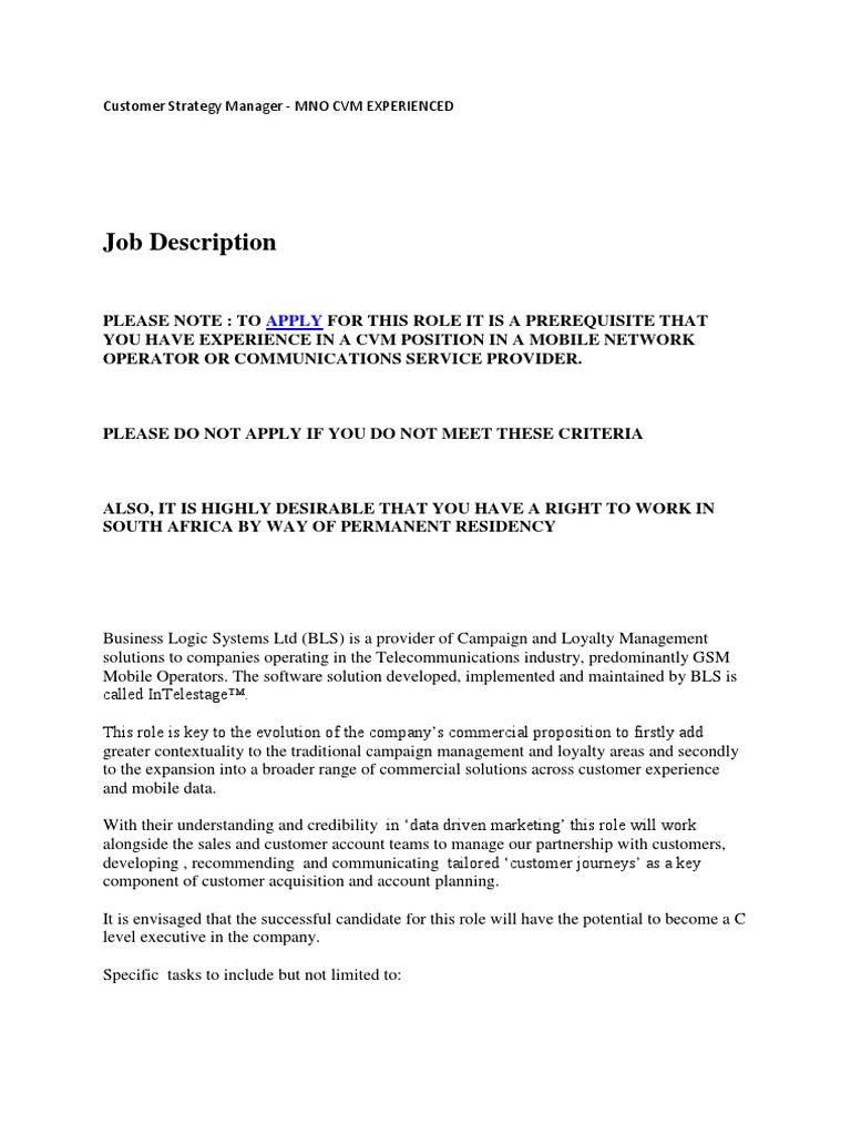 Customer Strategy Manager | PDF | Customer Experience | Sales