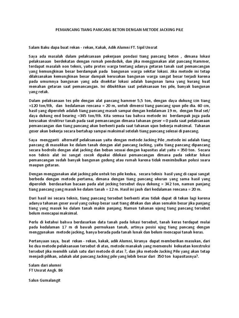 Pemancang Tiang Pancang Beton Dengan Metode Jacking Pile | PDF