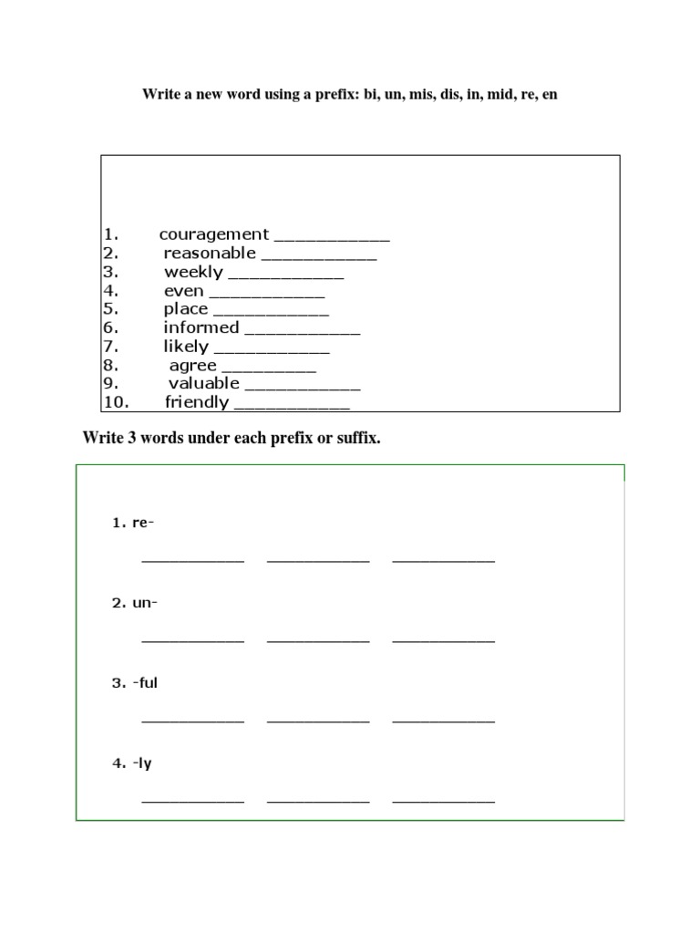 Write A New Word Using A Prefix: Bi, Un, Mis, Dis, In, Mid, Re, en | PDF