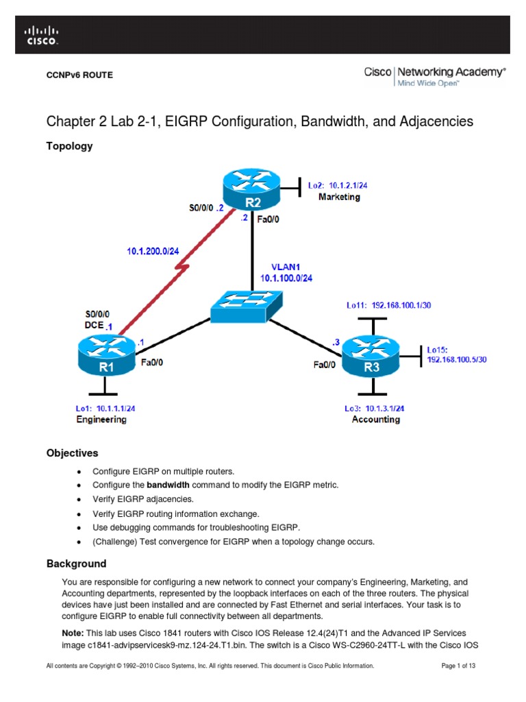 Ccnpv6 Route Lab2-1 Eigrp Configuration | PDF | Routing | Router (Computing)