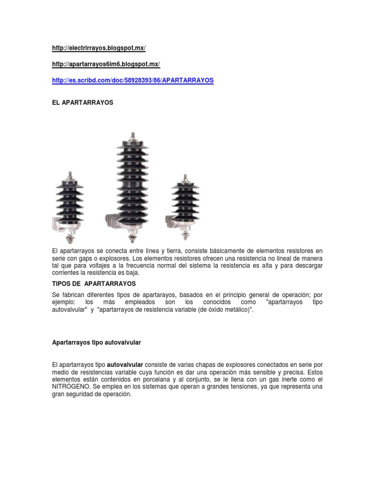 Tipos y Funciones de Apartarrayos | PDF | Relámpago | Electricidad