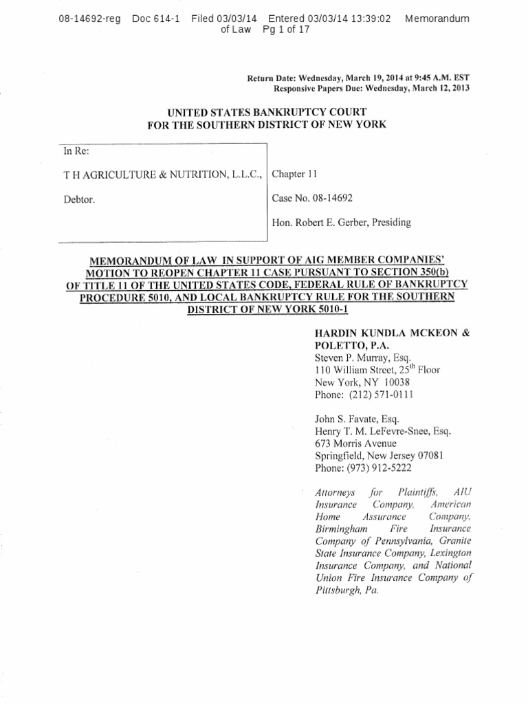THAN Asbestos Bankruptcy - Memorandum of Law in Support of AIG's Motion ...