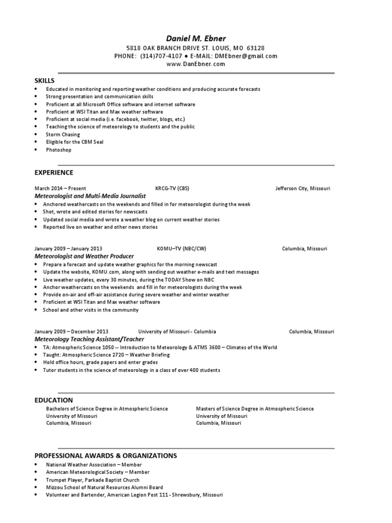 Resume For Meteorologist Dan Ebner | Download Free PDF | Meteorology ...