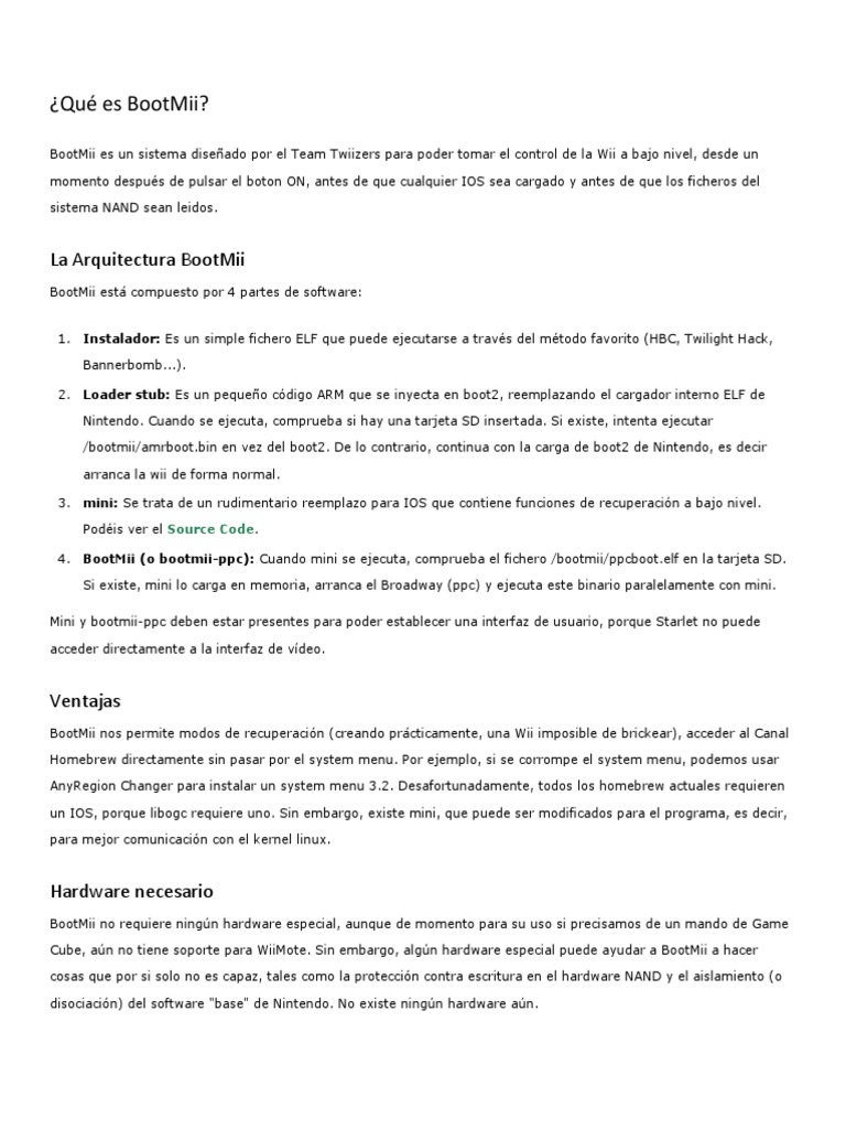 Guía de Uso y Funciones de BootMii | PDF | Wii | Archivo de computadora