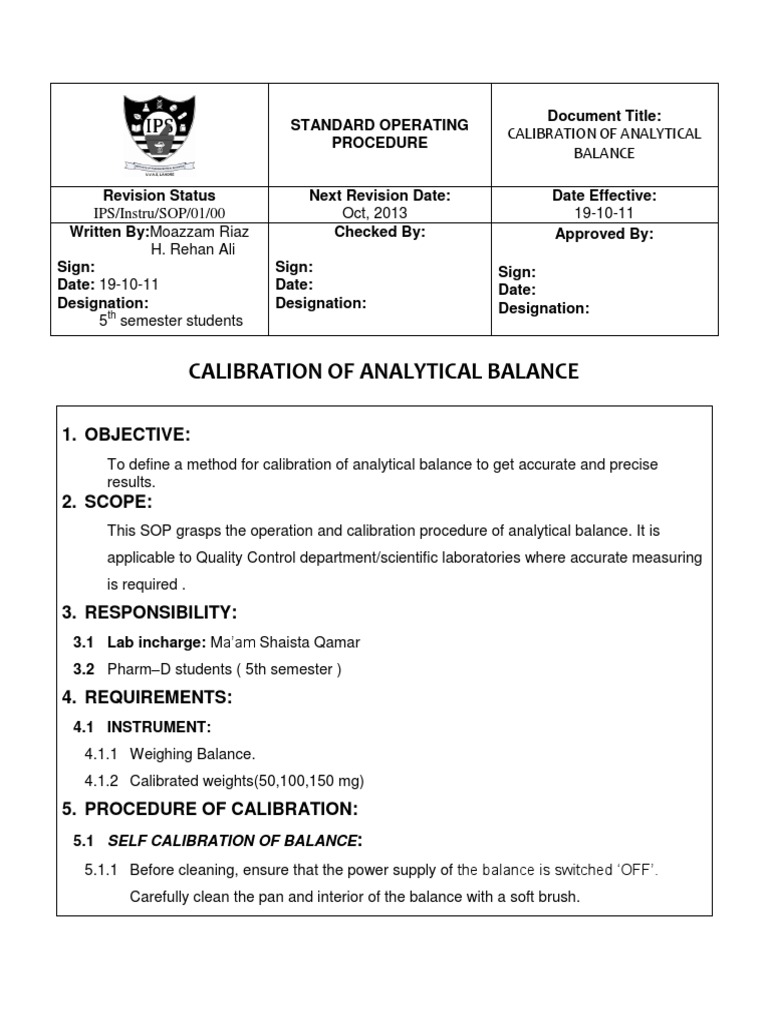 Analytical Balance Calibration SOP | PDF