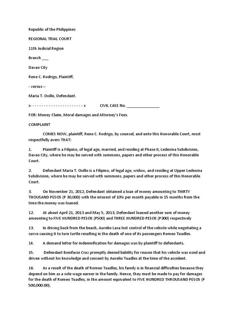 Sample Affidavit Money Claim | PDF | Lawsuit | Damages