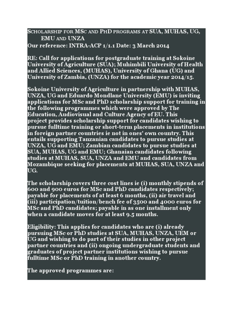 Scholarship For MSC and PHD Programs at SUA, MUHAS, UG, EMU and UNZA ...