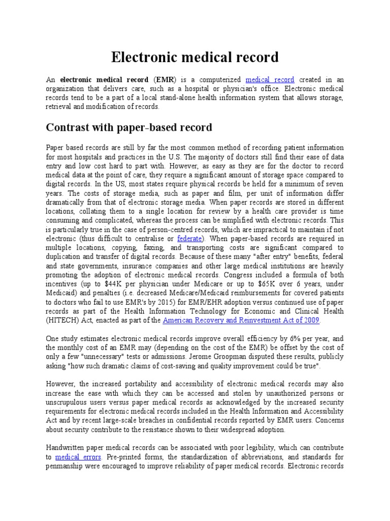 Electronic Medical Record | PDF | Electronic Health Record | Medical Record