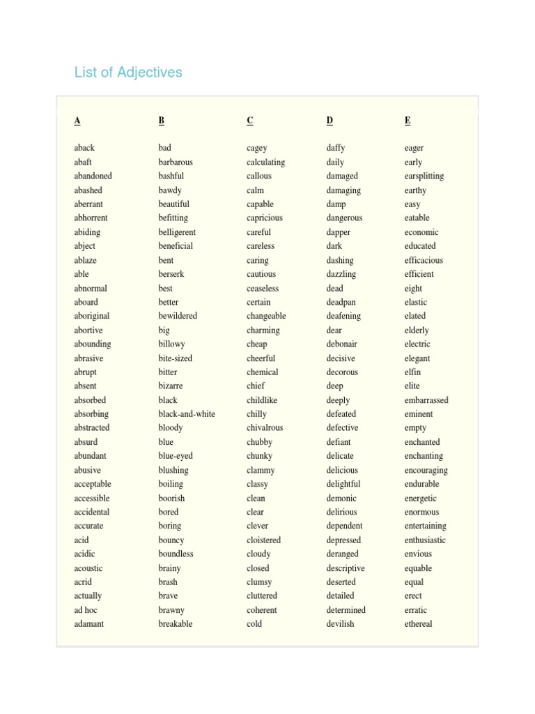 List of Adjectives: A B C D E | PDF