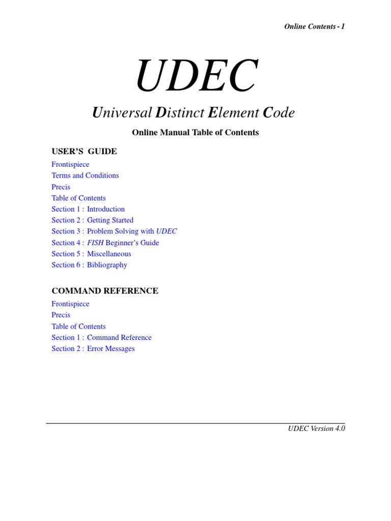 Table of Contents for the UDEC Version 4.0 Online Manual providing overviews and guidelines for ...