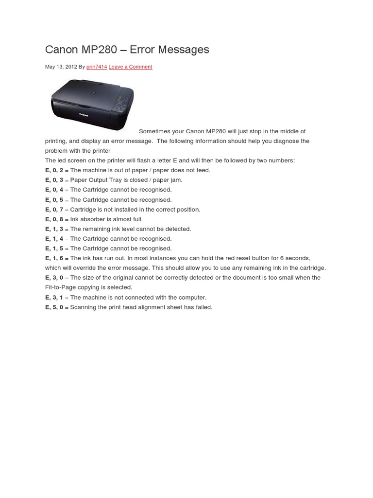 Canon MP280 - Error Message | PDF | Printer (Computing) | Graphic Design
