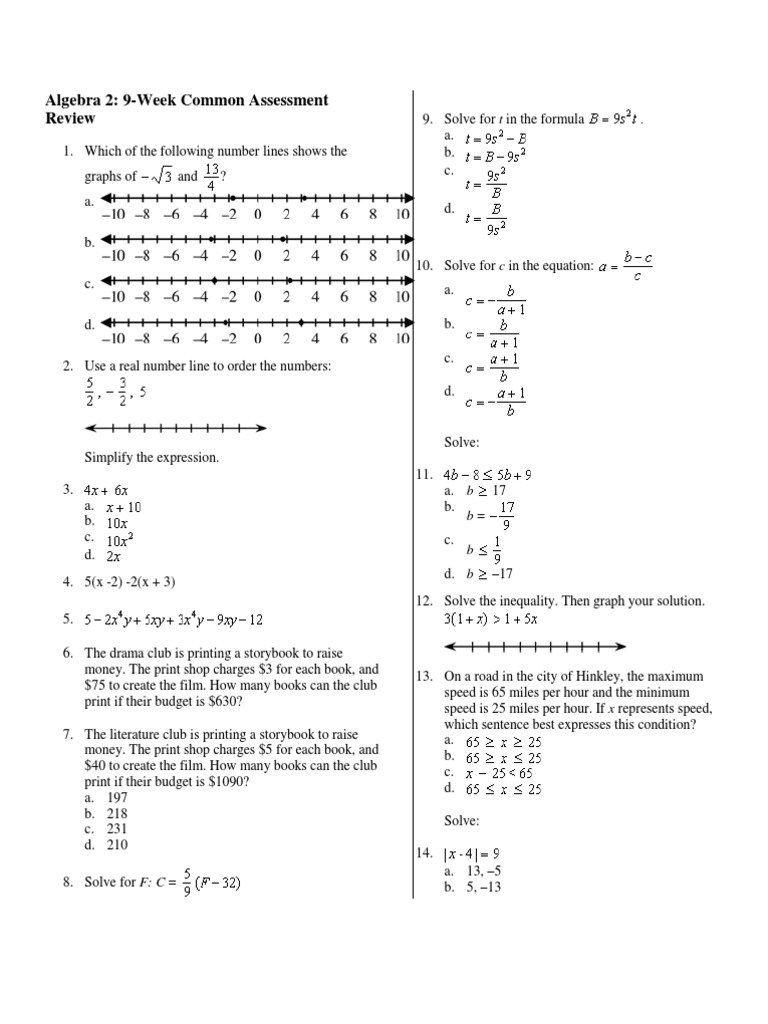 Algebra 2: 9-Week Common Assessment Review | PDF | Equations ...