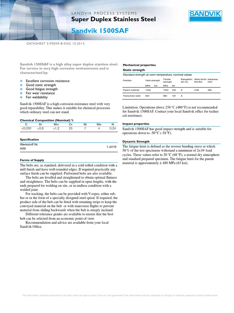 Sandvik 1500SAF: Super Duplex Stainless Steel | PDF | Strength Of ...