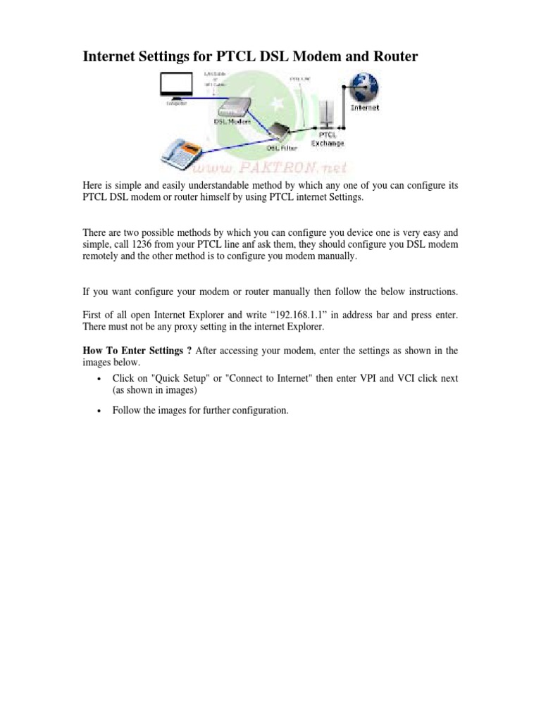 Internet Settings For PTCL DSL Modem and Router | PDF