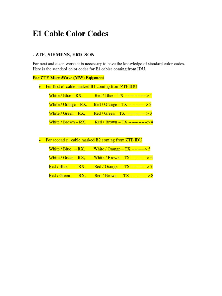 E1 Cable Color Codes | PDF