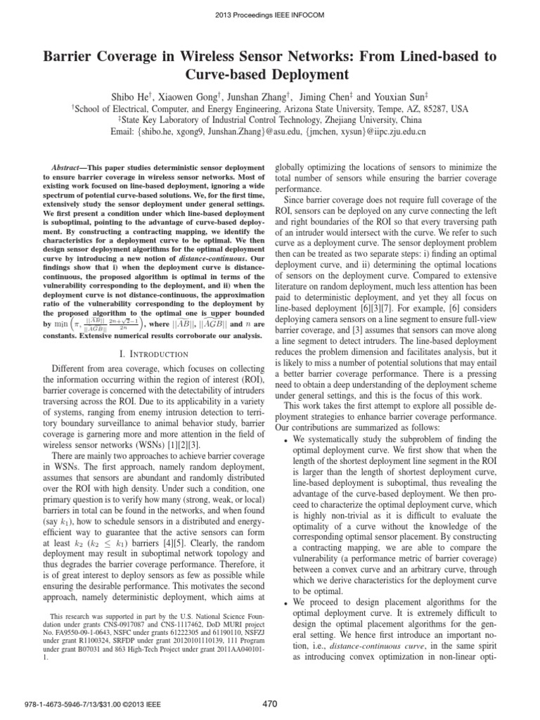 Barrier Coverage in Wireless Sensor Networks: From Lined-Based To Curve-Based Deployment | PDF ...