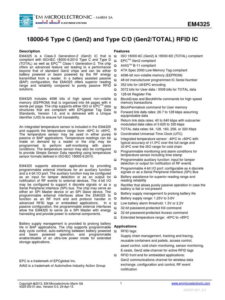 Em4325 DS | PDF | Radio Frequency Identification | Computer Hardware
