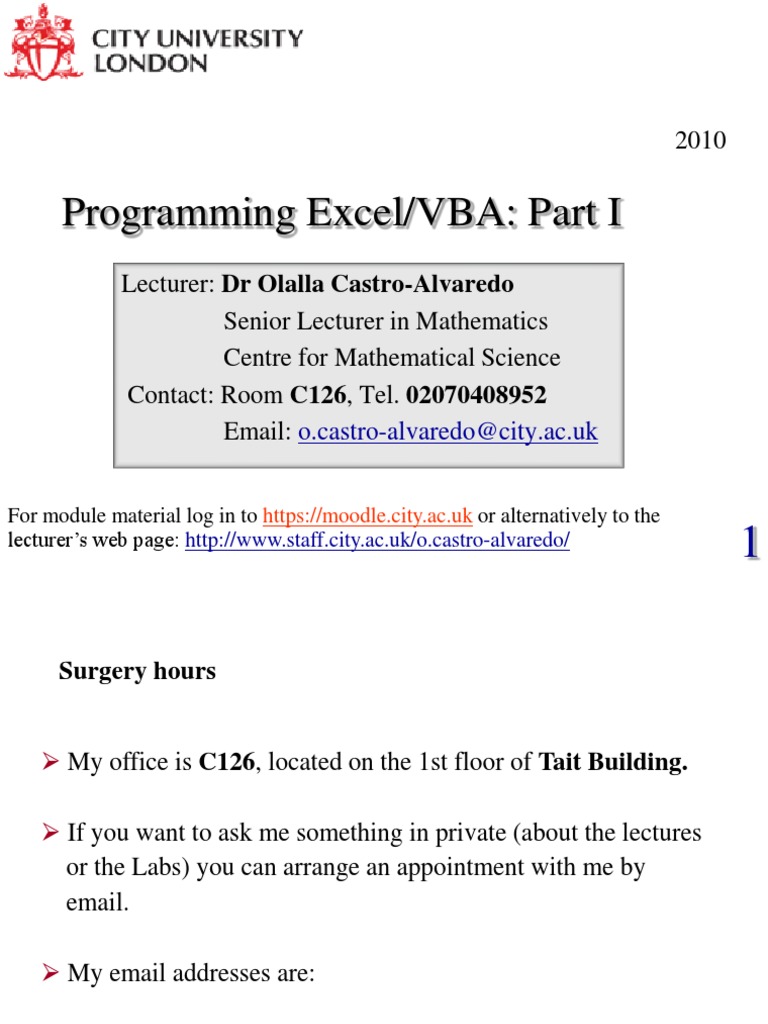 Vba Lecture Part 1 Pdf Visual Basic For Applications Microsoft Excel