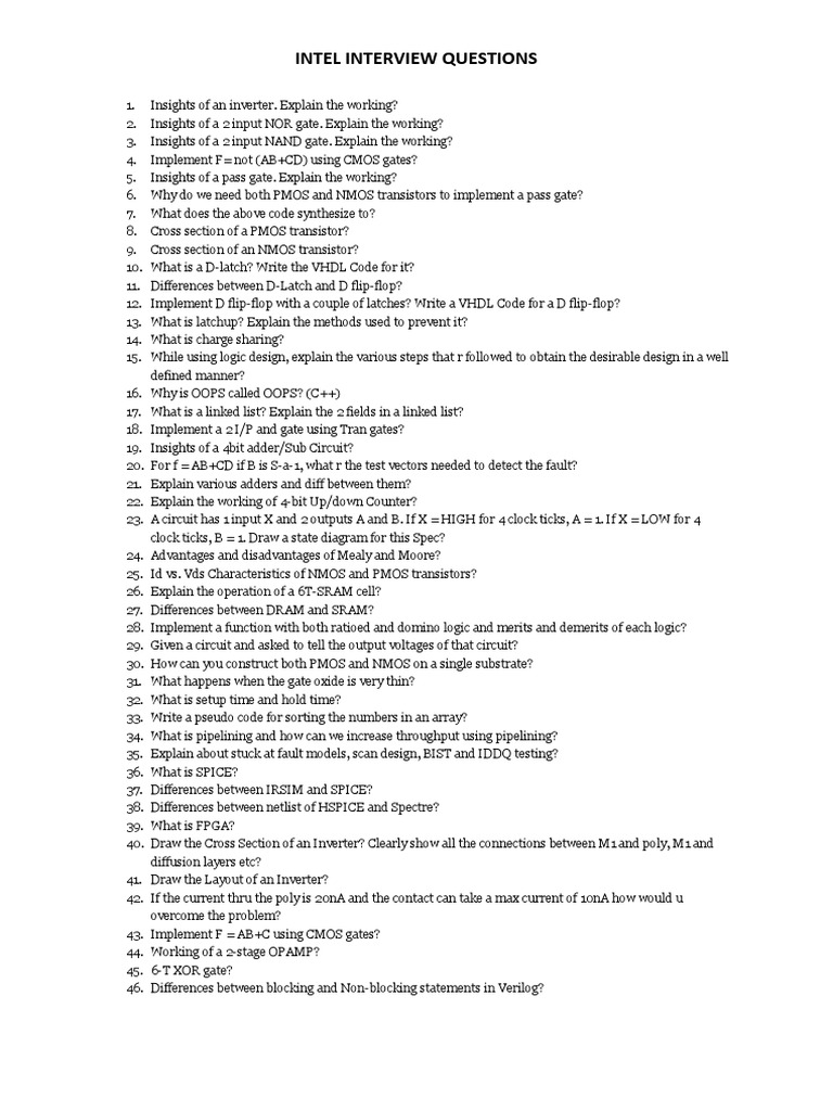 Intel. Interview Questions | PDF | Cmos | Areas Of Computer Science