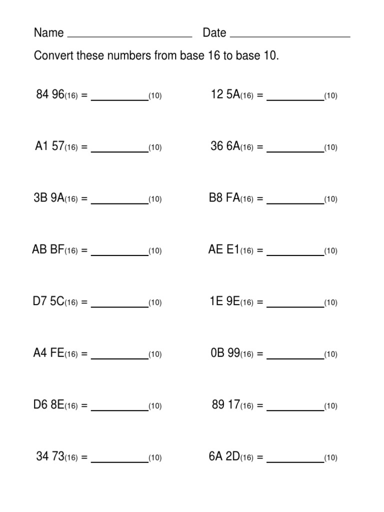Name Date Convert These Numbers From Base 16 To Base 10 PDF