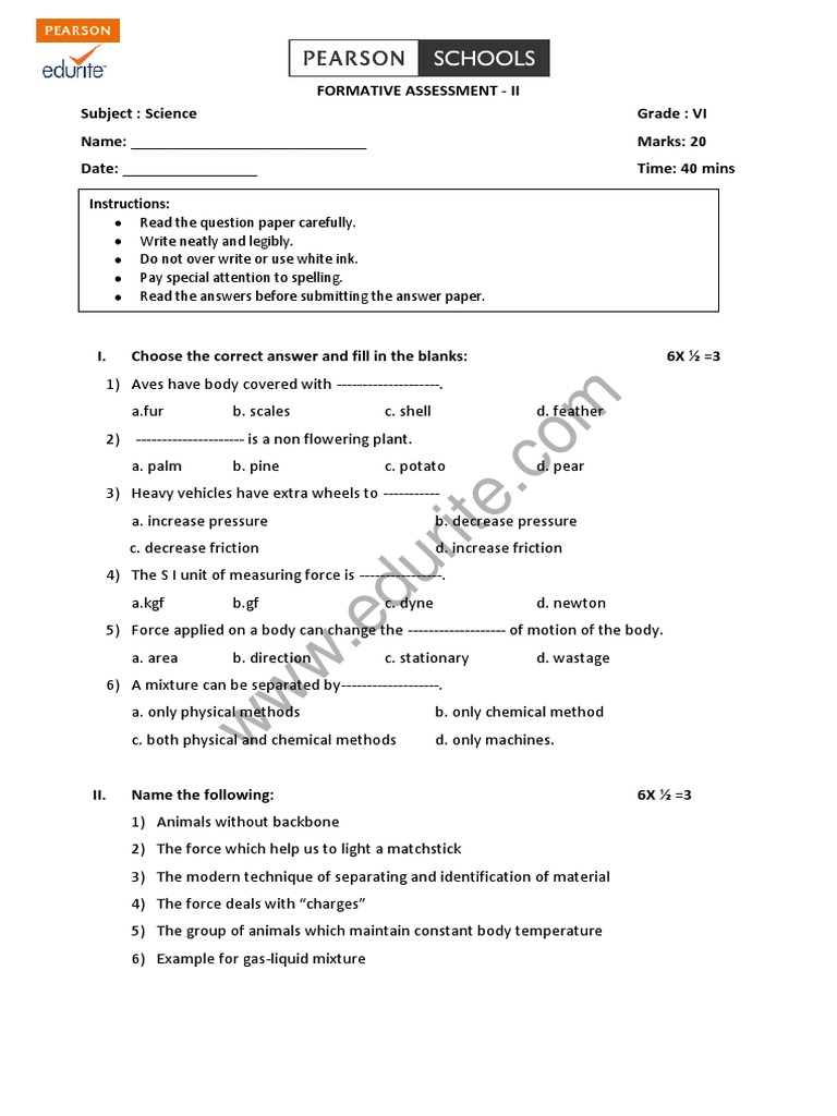 Class 6 Cbse Science Question Paper Fa 2 | PDF | Force | Friction