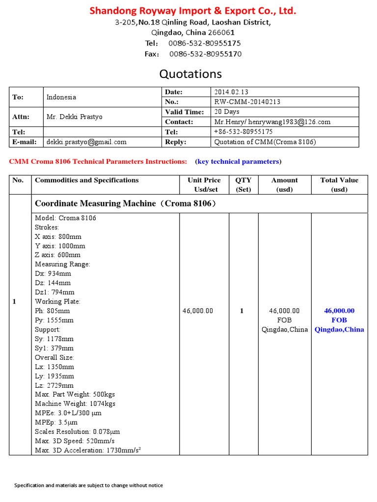 Quotation For CMM Croma 8106 From Shandong Royway For Indonesia PDF ...