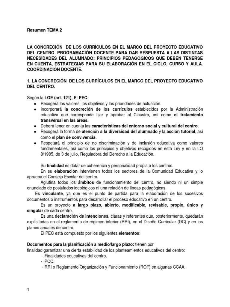 Resumen Tema2 Concrecion Curricular | PDF | Evaluación | Aprendizaje