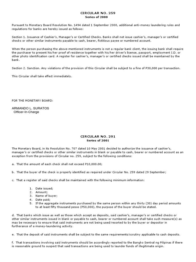 Cicular # 259 Series of 2000 and Circular # 291 Series of 2001 | PDF ...